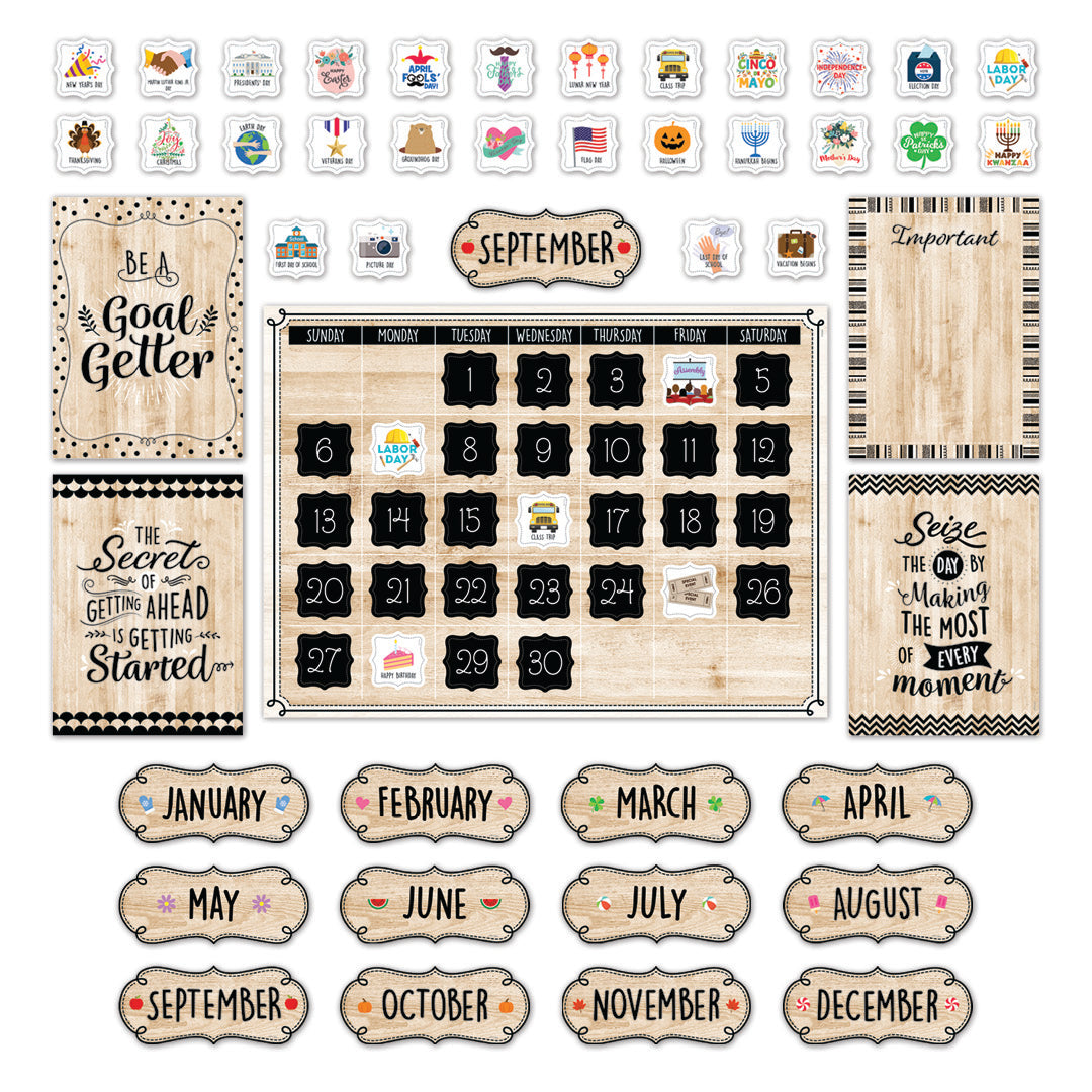 Core Décor Black, White, and Wood Calendar Set Bulletin Board ...